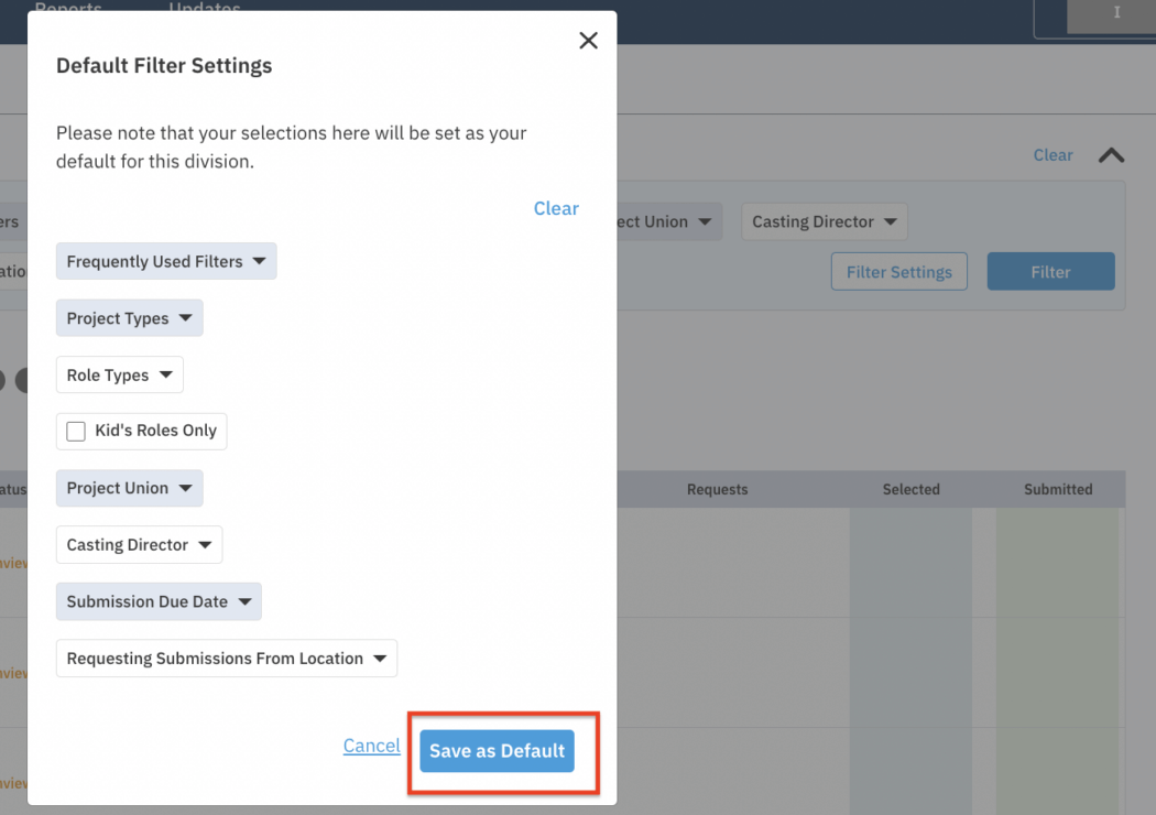 Setting Default Filters for Talent Representatives